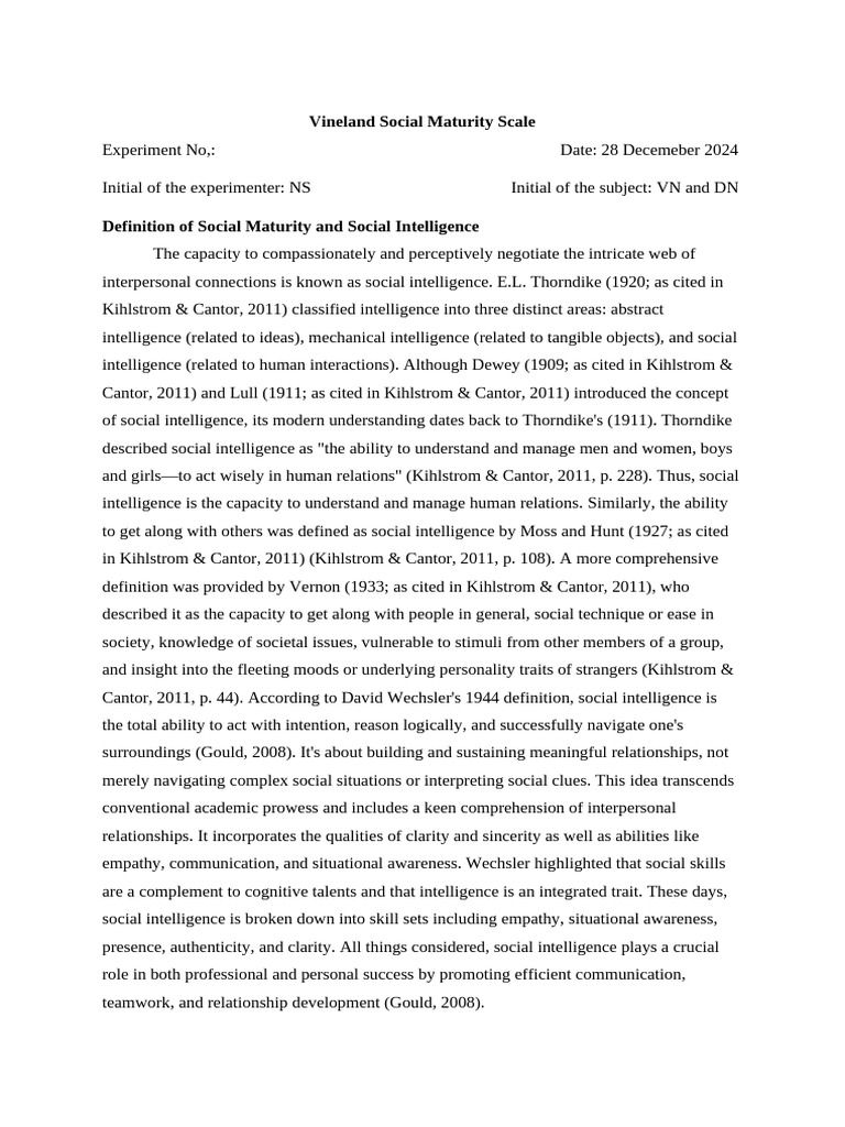 Vineland Social Maturity Scale | PDF | Social Skills | Social Psychology