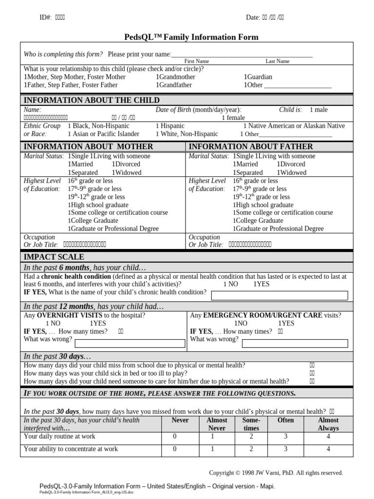 PedsQL-3.0-Family Information Form AU3.0 Eng-USori | PDF | Race And ...