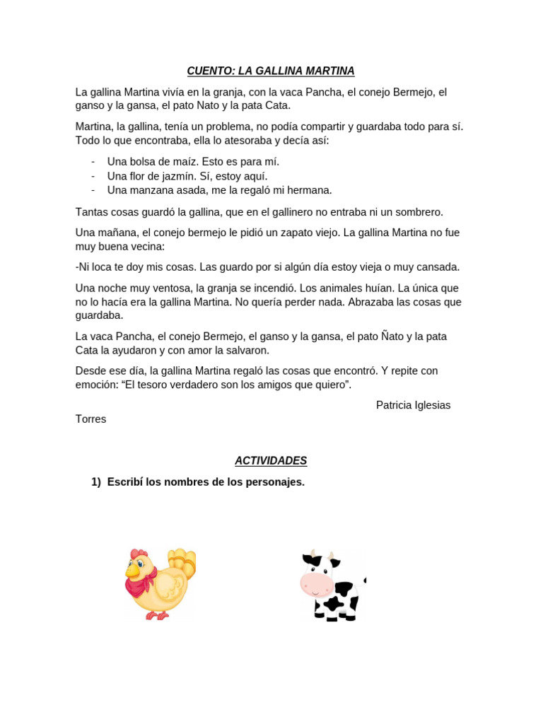Cuento La Gallina Martina y Guillermina El Águila | PDF