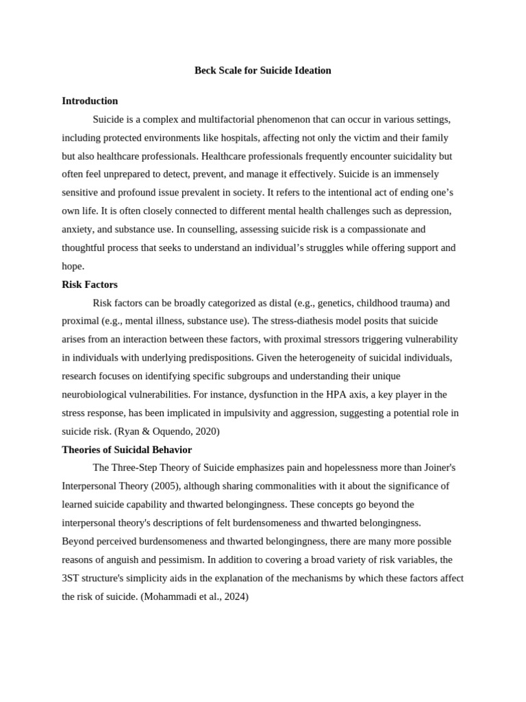 Beck Scale For Suicide Ideation - Report | PDF | Suicide | Mental Disorder