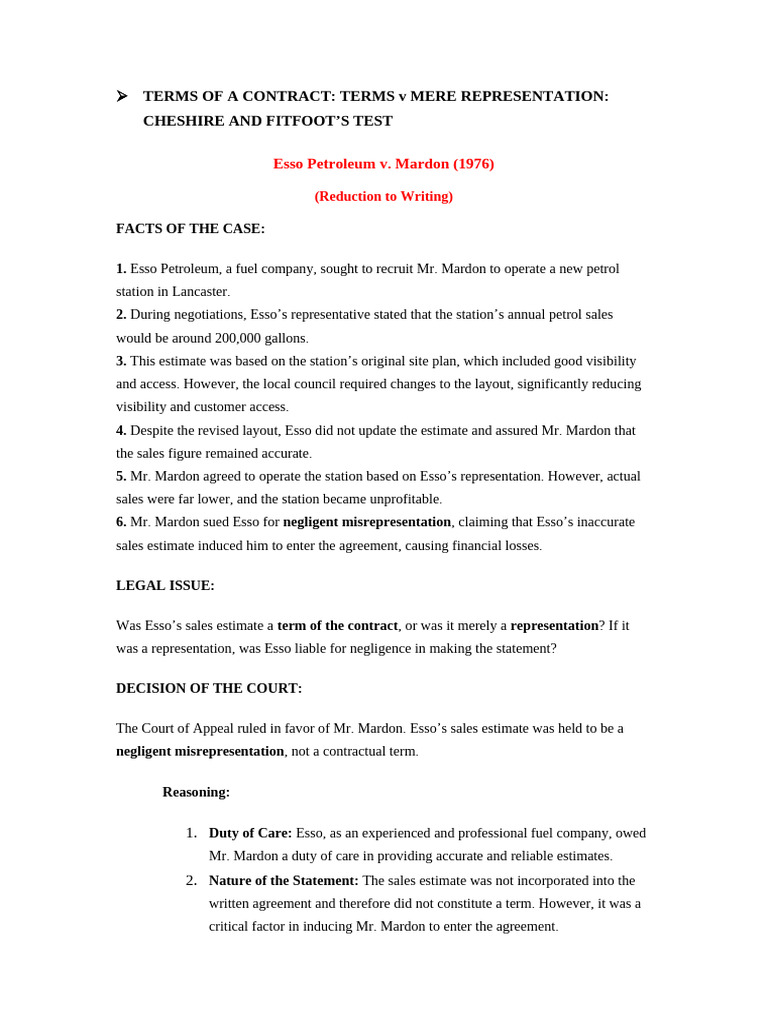 Esso v Mardon: Misrepresentation Case Summary | PDF | Misrepresentation ...