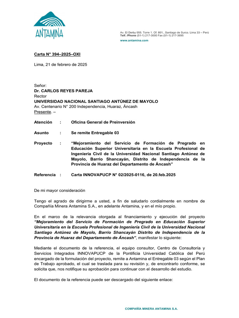 Carta N° 394-2025-OXI - UNASAM - Remito Entregable 3 - FIC UNASAM REV MDG | PDF | Lima