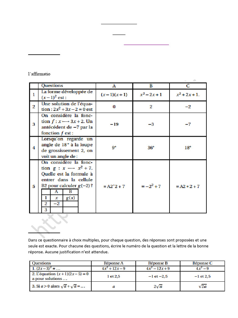 3eme Sujets Brevet Maths Exercices QCM 2015 2018 | PDF | Choix multiple