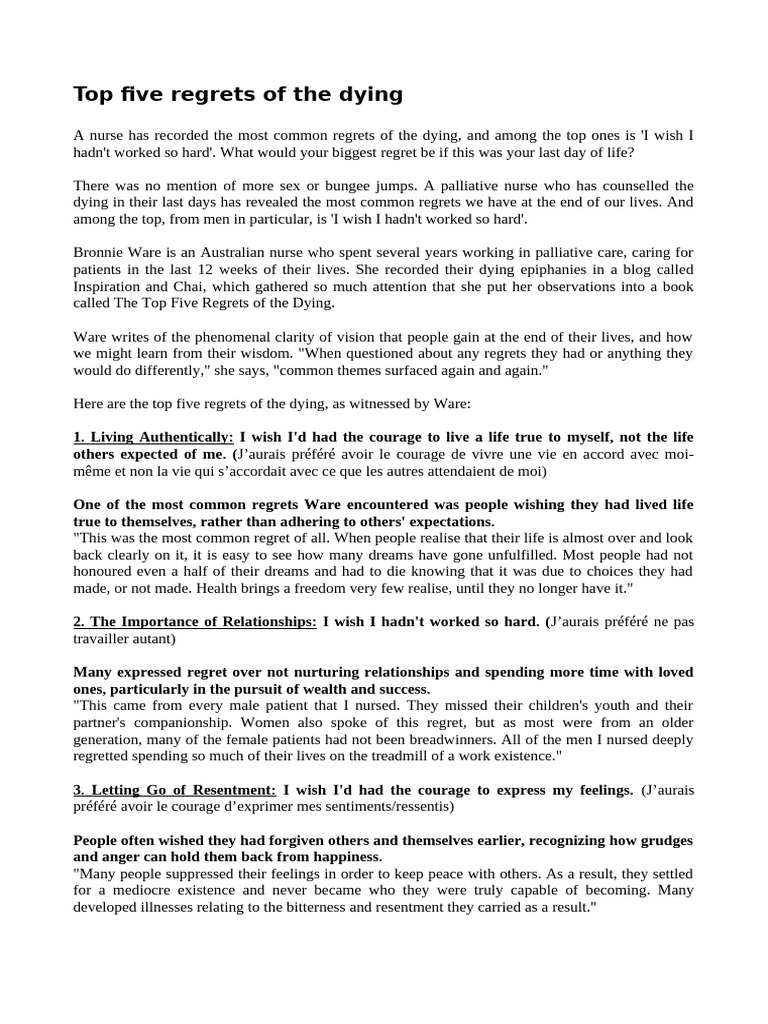 The 5 Top Regrets of The Dying | PDF