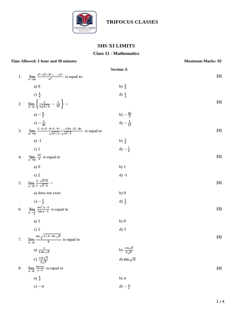Limits Level - I Assignment (Cbse Pattern) | PDF | Functions And Mappings | Mathematical Concepts