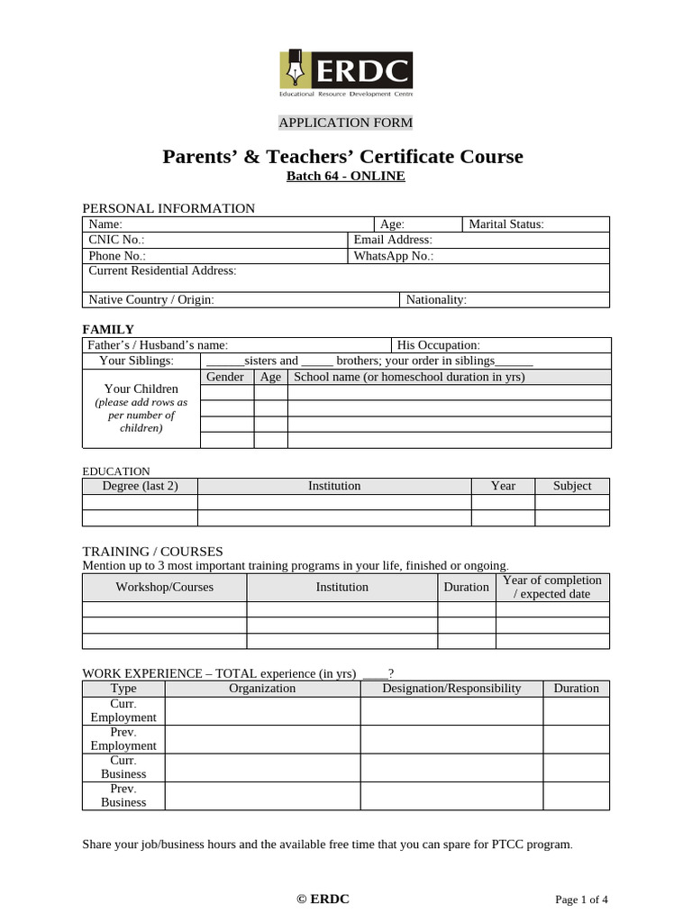Parents & Teachers Course Form | PDF | Fee