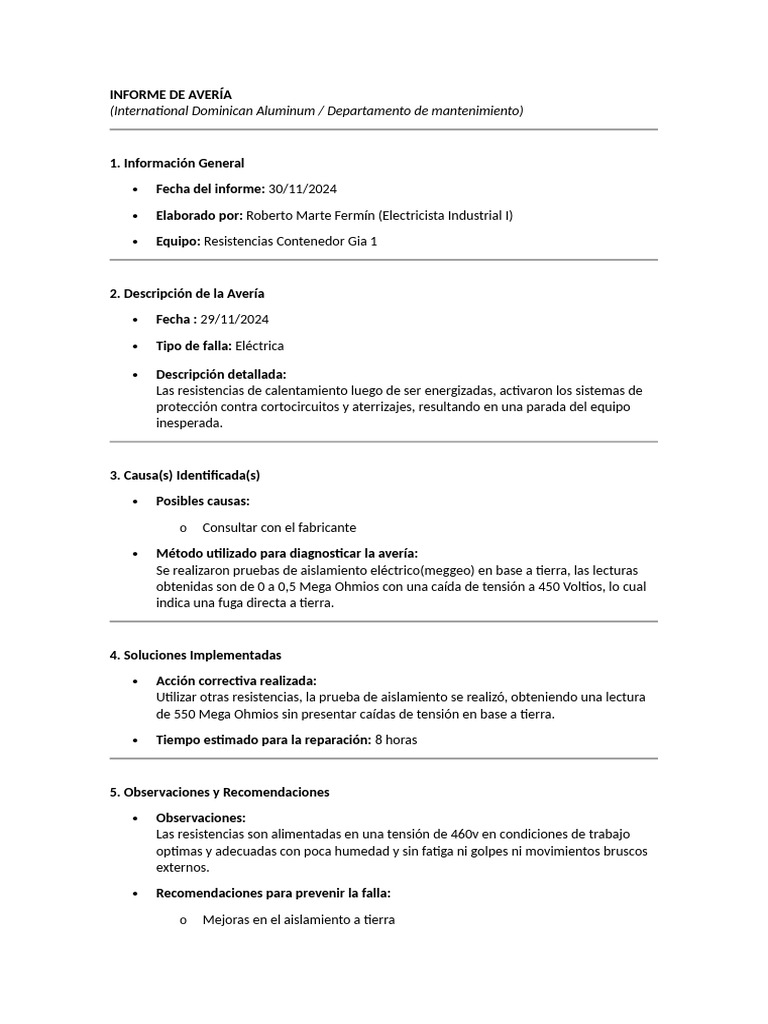 Informe de Averia Resistencias | PDF
