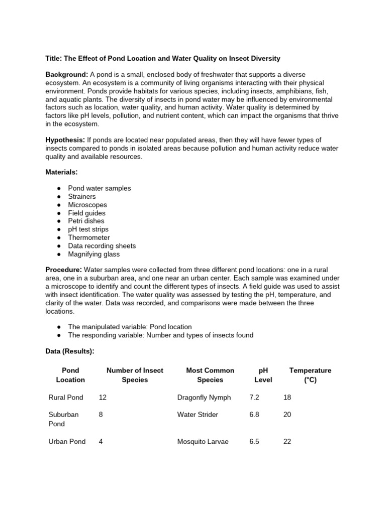 Pond Location & Insect Diversity Study | PDF | Pond | Water Quality