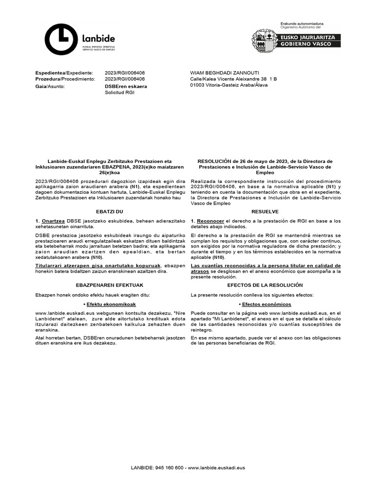 Notificacion DSBEren Eskaera - Solicitud RGI 1685101226449 | PDF ...
