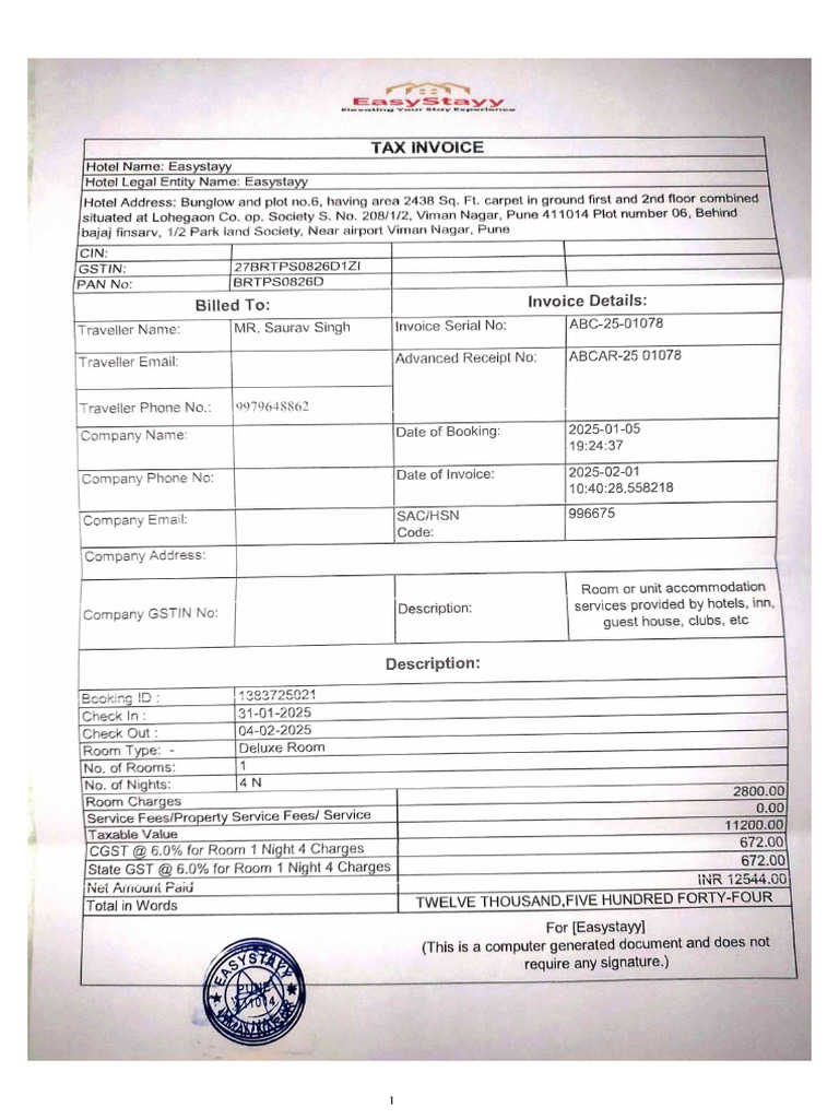 Hotel Bill Pune | PDF