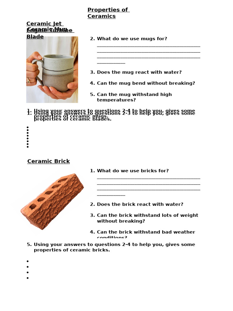 Ceramics Properties Worksheet | PDF