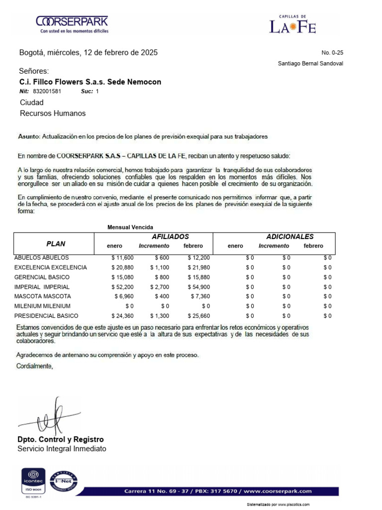Carta Incremento Fillco Nemocon | PDF