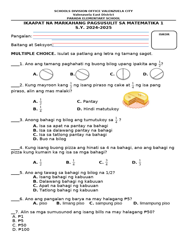 FOURTH PERIODICAL TEST IN MATHEMATICS 1 Re Learn | PDF