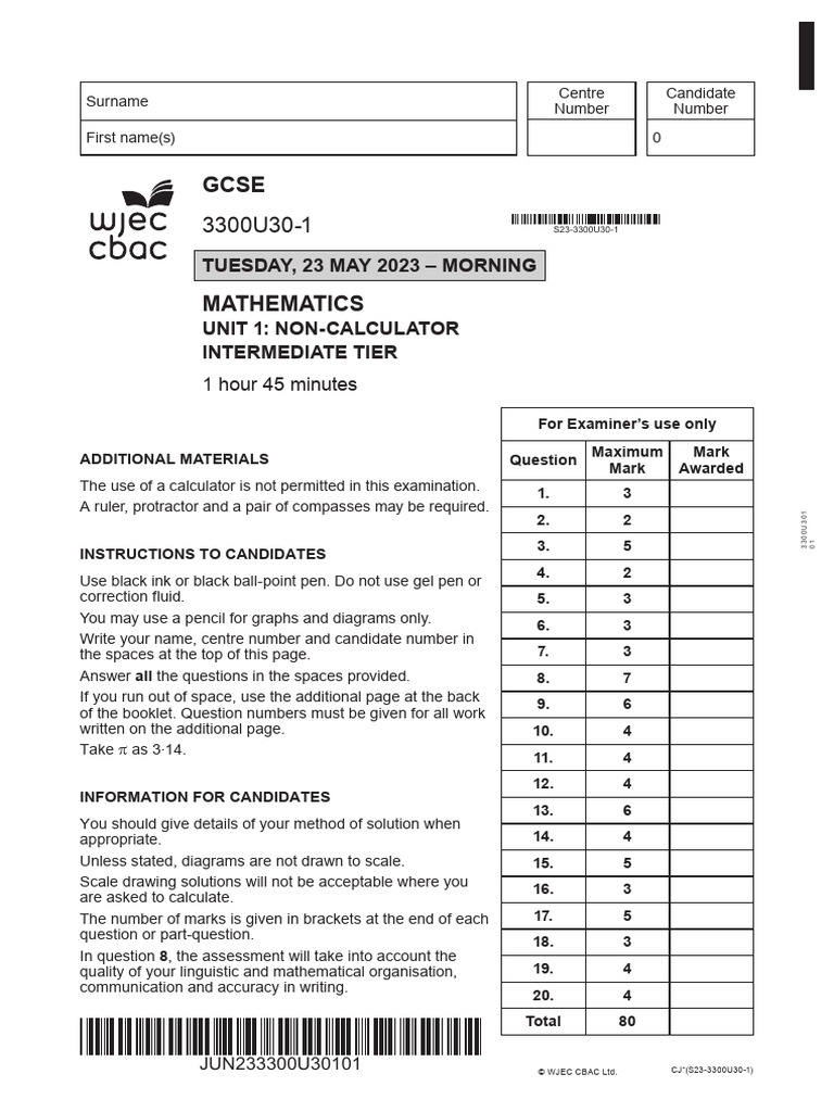 WJEC Maths Intermediate 2023 | PDF | Area | Numbers