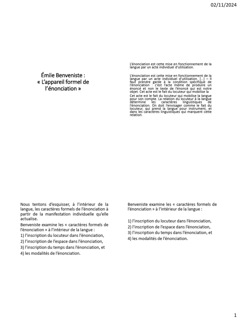 Caractères formels de l'énonciation selon Benveniste | PDF | Discours ...