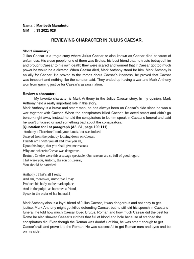 Review A Character in Julius Caesar | PDF | Julius Caesar | Mark Antony
