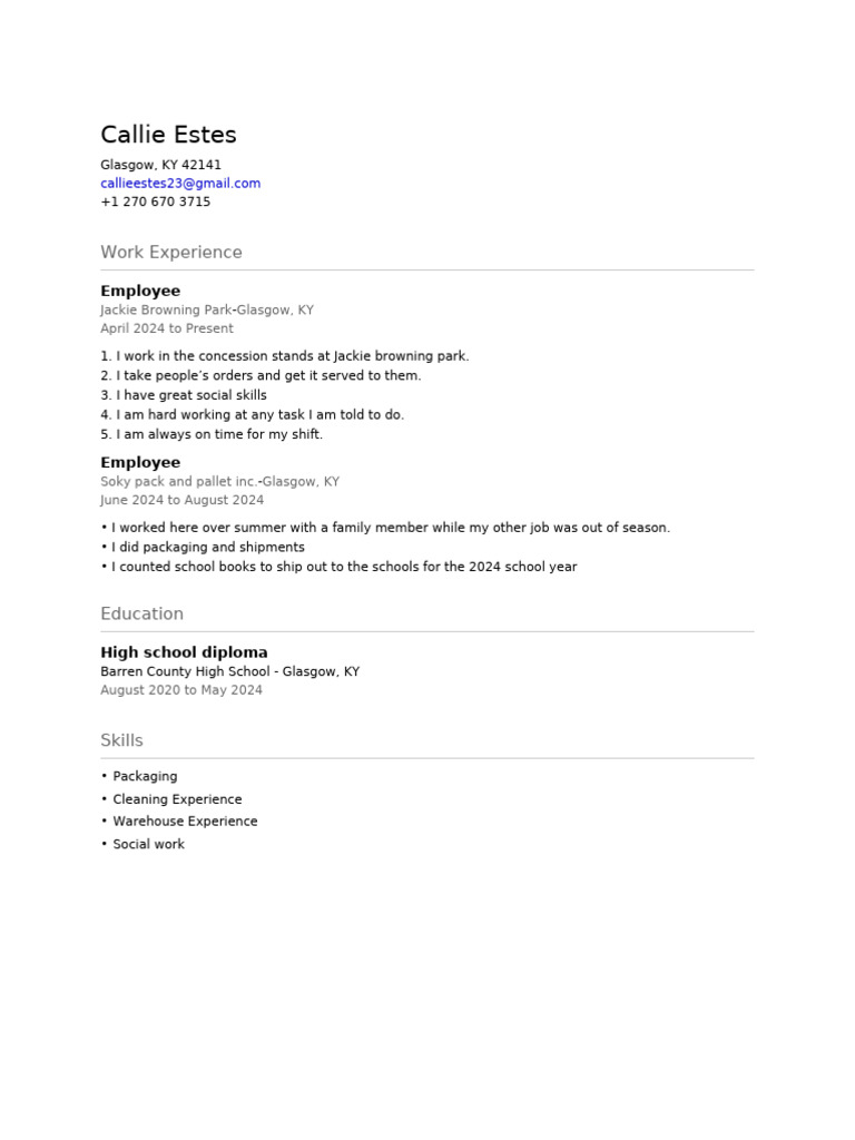 Callie Estes: Work Experience | PDF