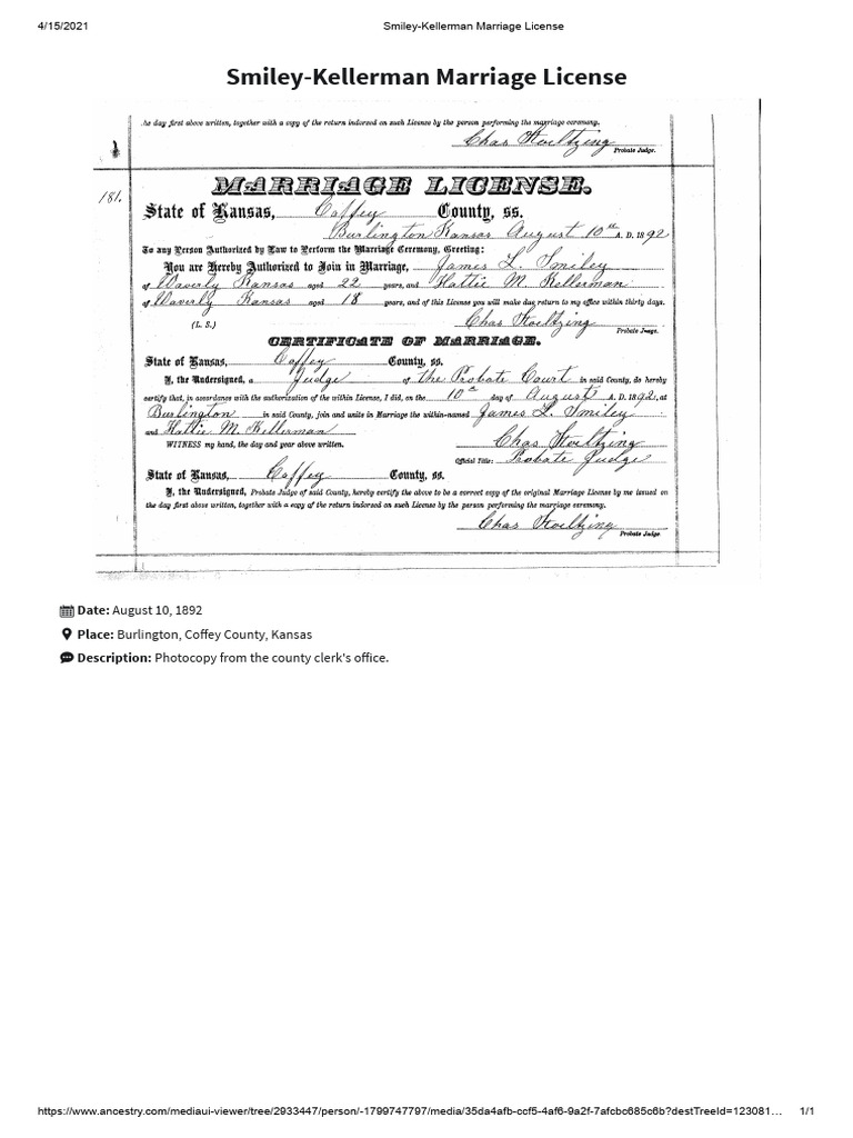 Smiley-Kellerman Marriage License | PDF