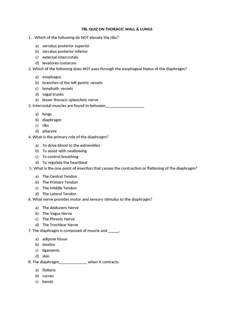 Thoracic Wall & Lungs Quiz Questions | PDF | Lung | Thorax