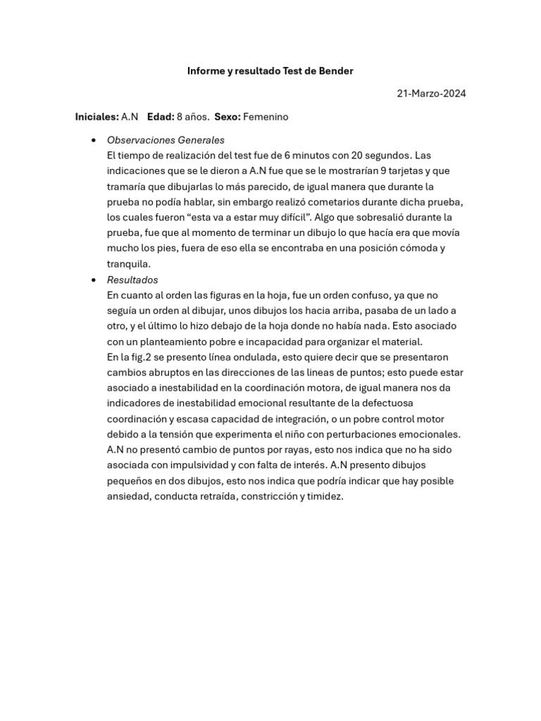 Resultados del Test de Bender en A.N. | PDF