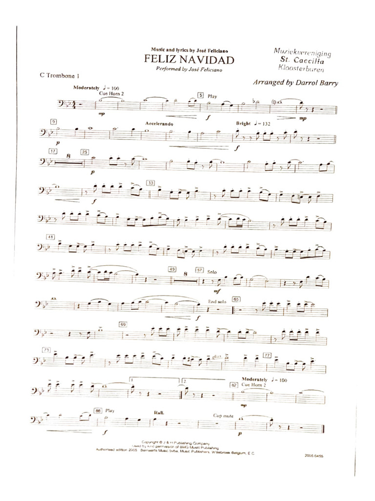 Trombone Arrangement of Feliz Navidad | PDF