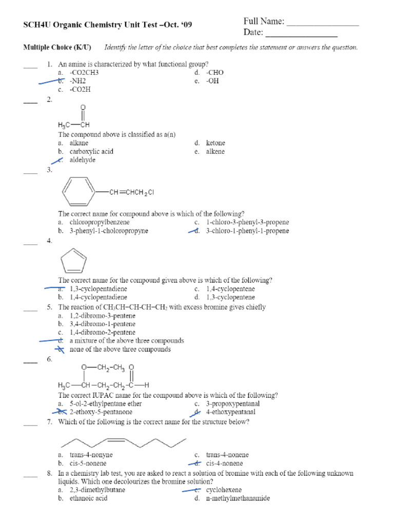 SCH4U Organic Chemistry Unit Test –Apr | PDF