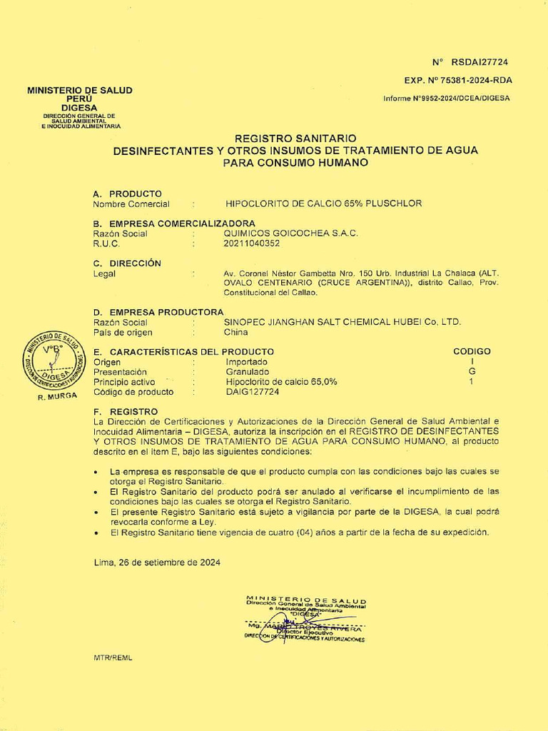 REG. N RSDAI27724-EXP. N 75381-2024 RDA - HIPOCLORITO DE CALCIO 65 ...