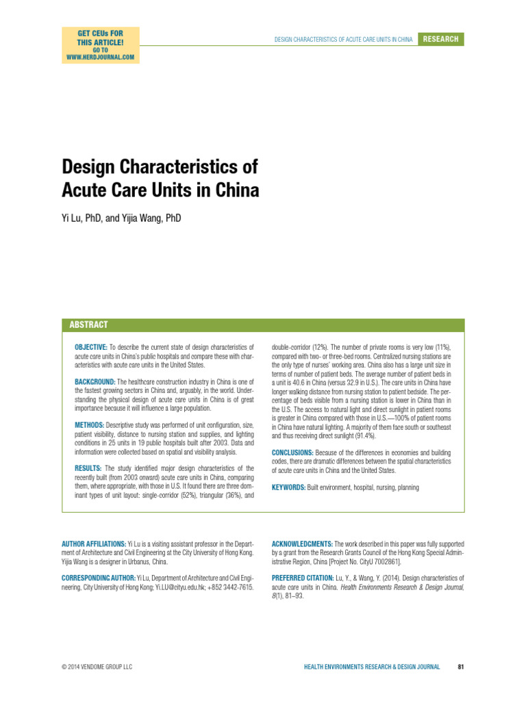 Design Characteristics of Acute Care Units in China | PDF | Nursing ...