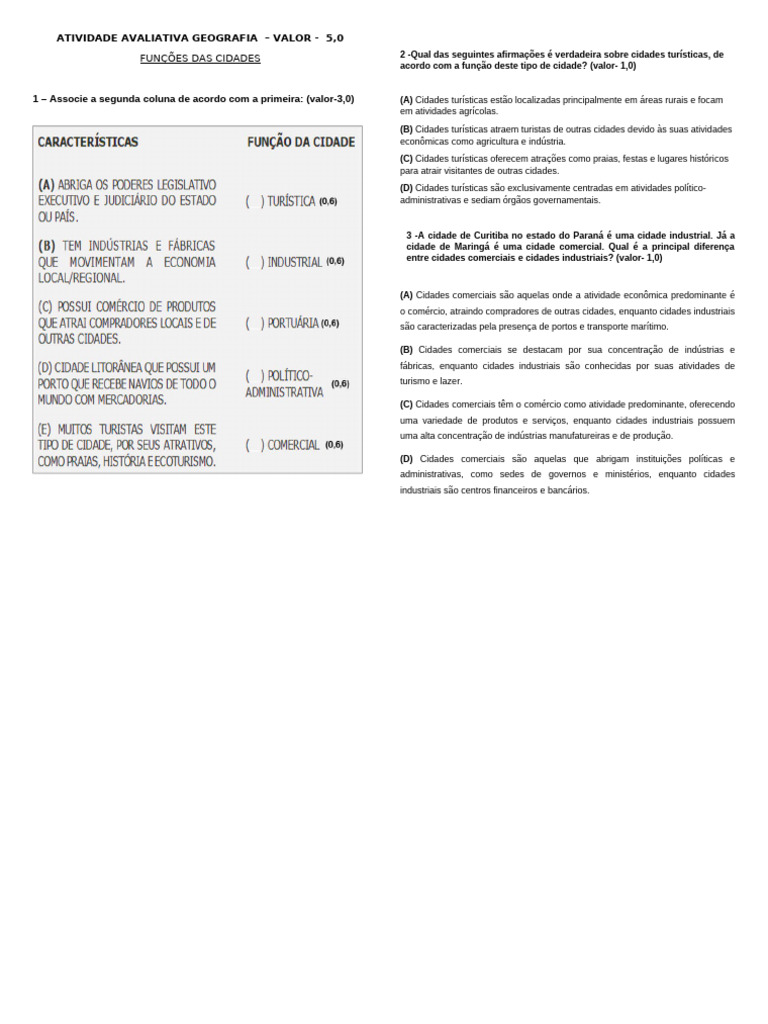 Atividade Avaliativa - Funções Das Cidades | PDF | Turismo | Setor ...