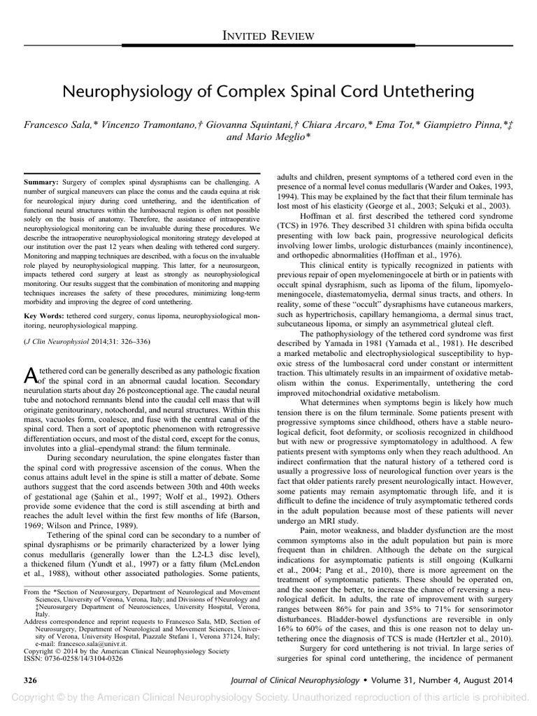 2014 JCN Neurophysiology of The Complex Spinal Cord Untethering | PDF ...