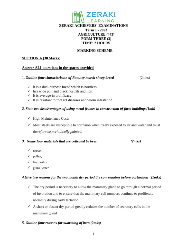 Agriculture Form 3 - Marking Scheme | PDF | Cattle | Dairy