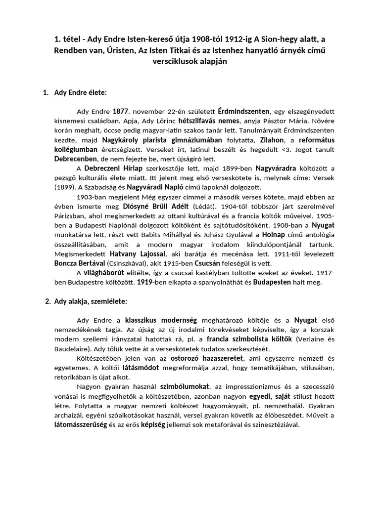 Ady Endre Isten-Kereső Útja 1908-Tól 1912-Ig A Sion-Hegy Alatt, A Rendben Van, Úristen, Az Isten ...