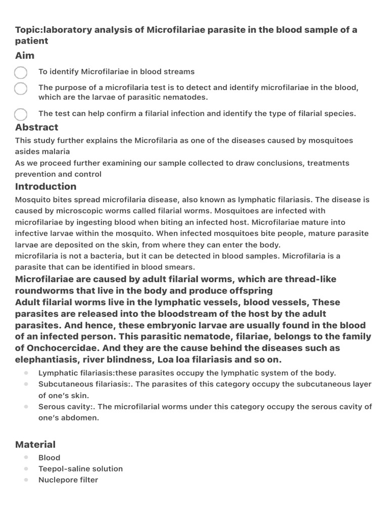 Microfilariae Detection in Blood Samples | PDF | Clinical Medicine ...