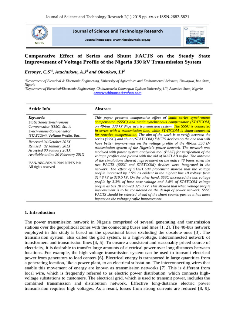 Comparative Effect of SSSC and STATCOM FACTS_NJSTR-Paper-Template | PDF | Electric Power ...