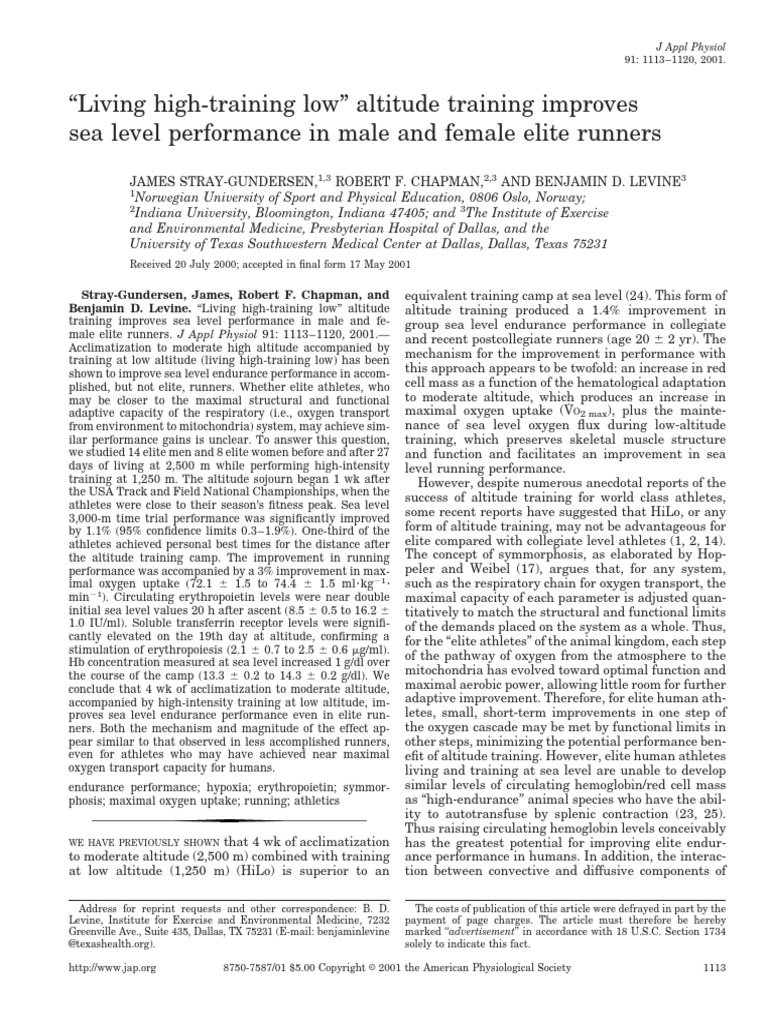 Stray Gundersen Et Al 2001 Living High Training Low Altitude Training Improves Sea Level ...