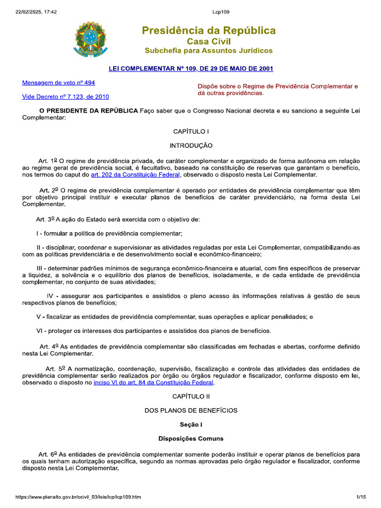 Lei Complementar #109, de 29 de Maio de 2001 | PDF