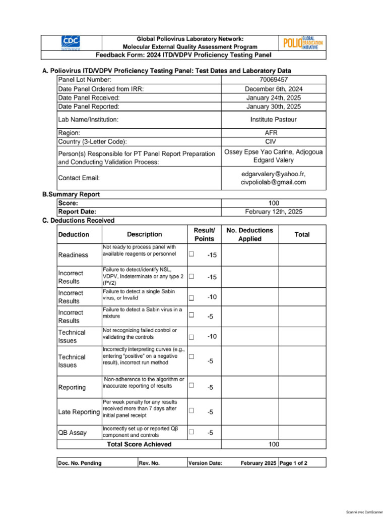 Poliovirus Proficiency Panel Feedback Report - 2024 - CIV | PDF