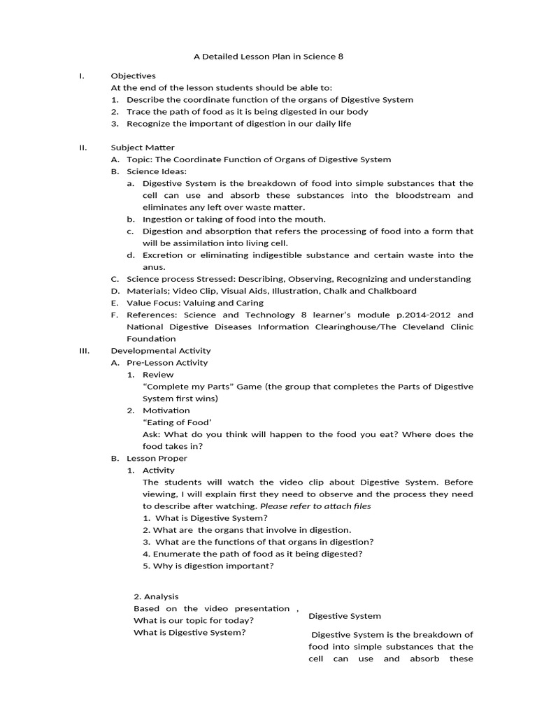 A Detailed Lesson Plan in Science 8 | PDF | Gastrointestinal Tract ...