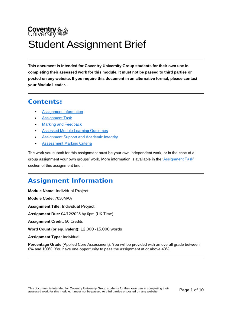 University Assignment Brief 7030MAA 2324SepJan | PDF | Plagiarism | Cognition