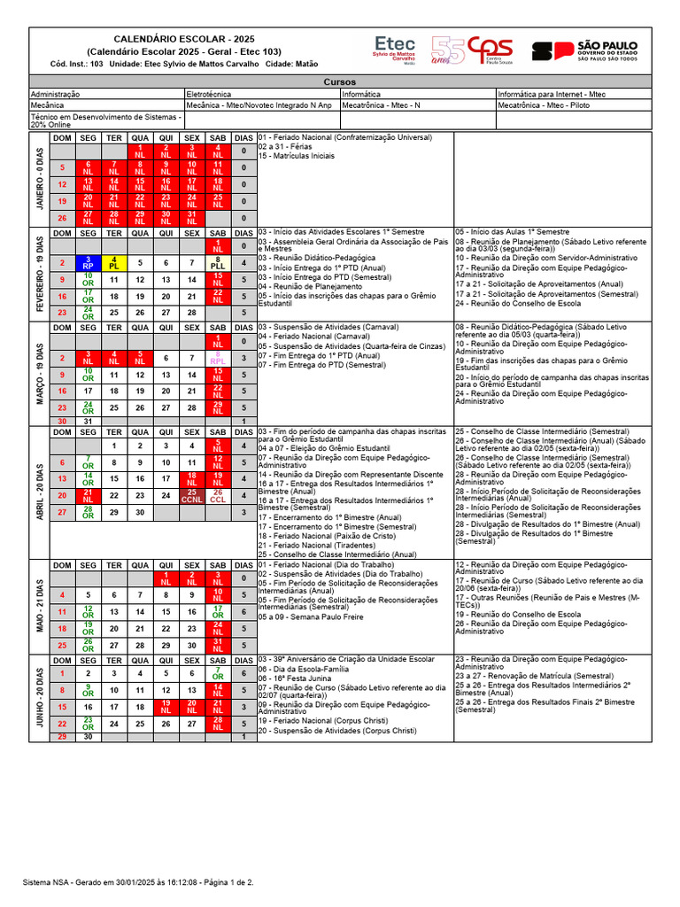 Calendário Escolar 2025 - Geral - Etec 103 - Homologado em 24-12-2024 | PDF