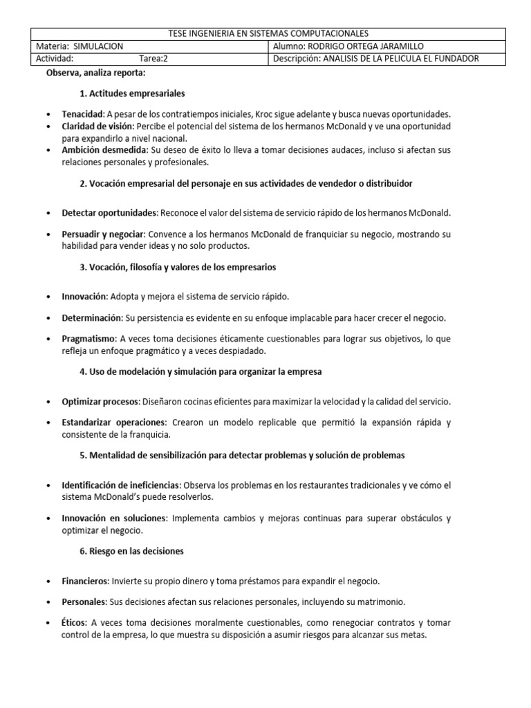 Tarea 2 El Fundador Rodrigo | PDF | Mc Donald's | Simulación