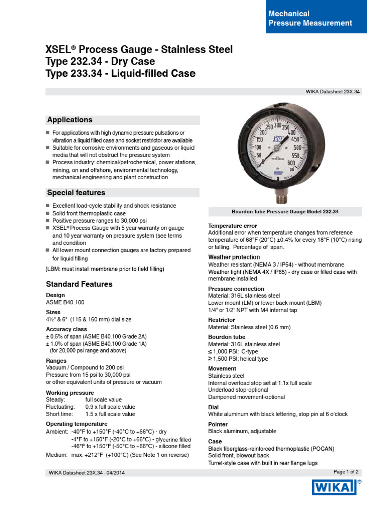 wika-stainless-steel-xsel-process-pressure-gauge-type-232.34-datasheet | PDF | Pressure ...