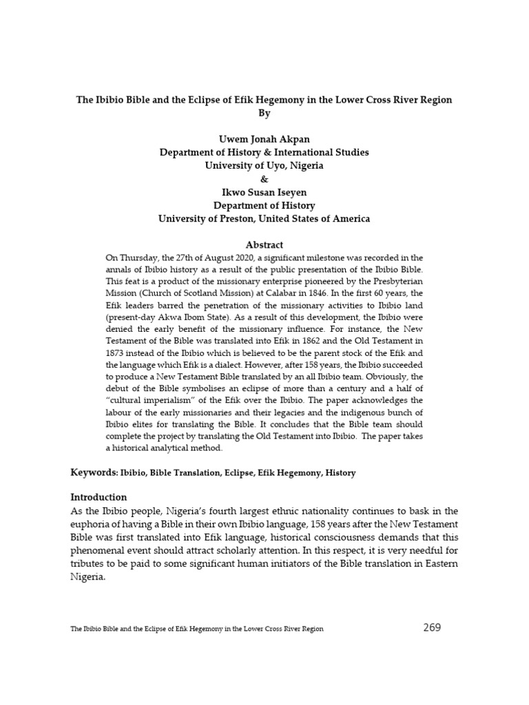 The Ibibio Bible and The Eclipse of Efik Hegemony in The Lower Cross ...
