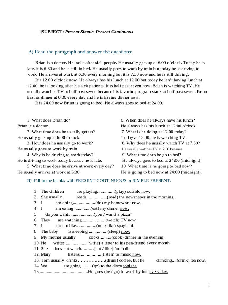 Practice - Present and Progressive | PDF | Lunch