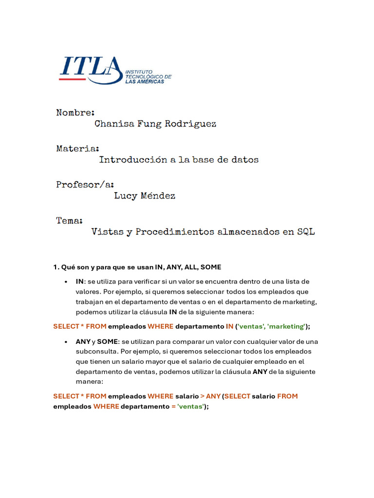 Vistas y Procedimientos almacenados en SQL | PDF | SQL | Servidor SQL de Microsoft