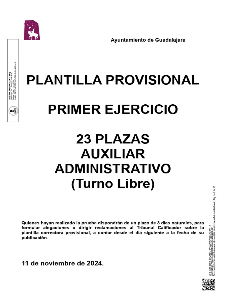 Publicación - Plantilla Provisional - Primer Ejercicio 23 Plazas Auxiliar Administrativo-Turno ...