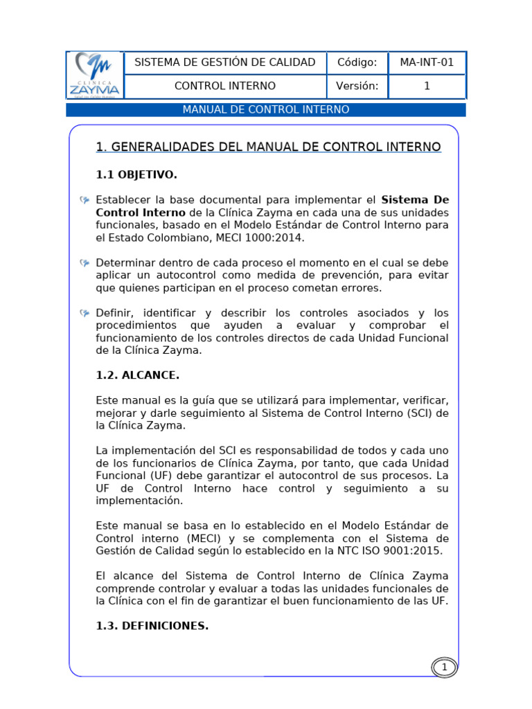 Manual de Control Interno Clínica Zayma | PDF | Sistema de manejo de ...