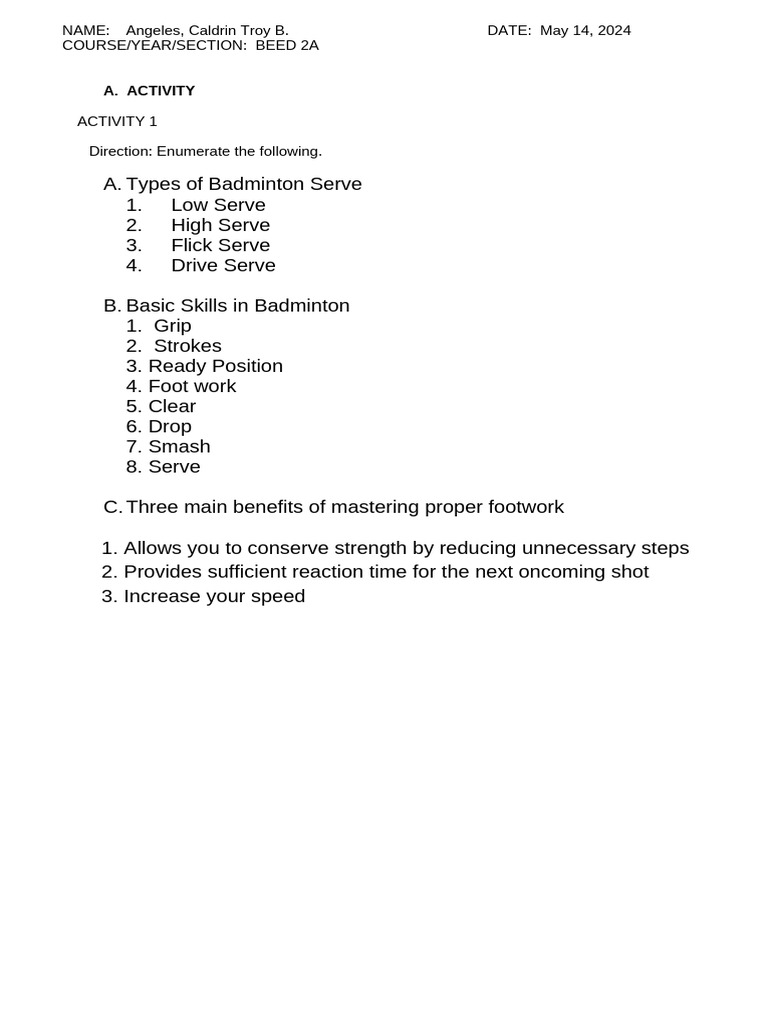 Badminton Activity 2 Module 2 | PDF