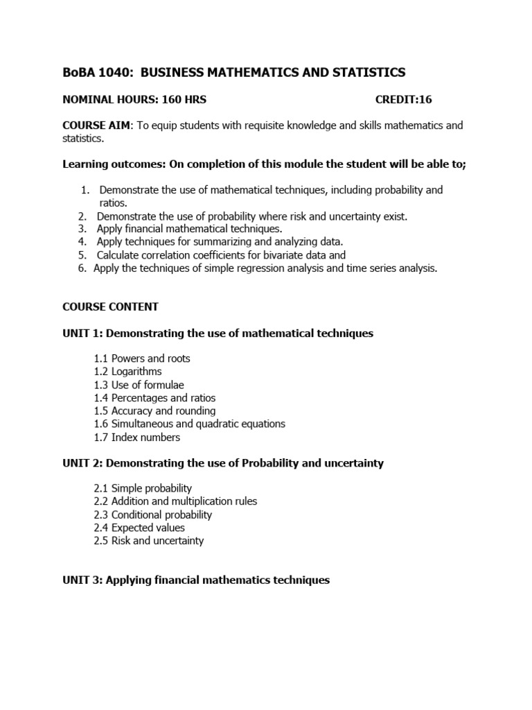 Business Mathematics Course Outline | PDF | Statistics | Internal Rate ...
