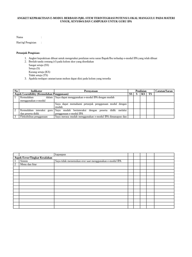 Angket Kepraktisan Oleh Guru Ipa | PDF